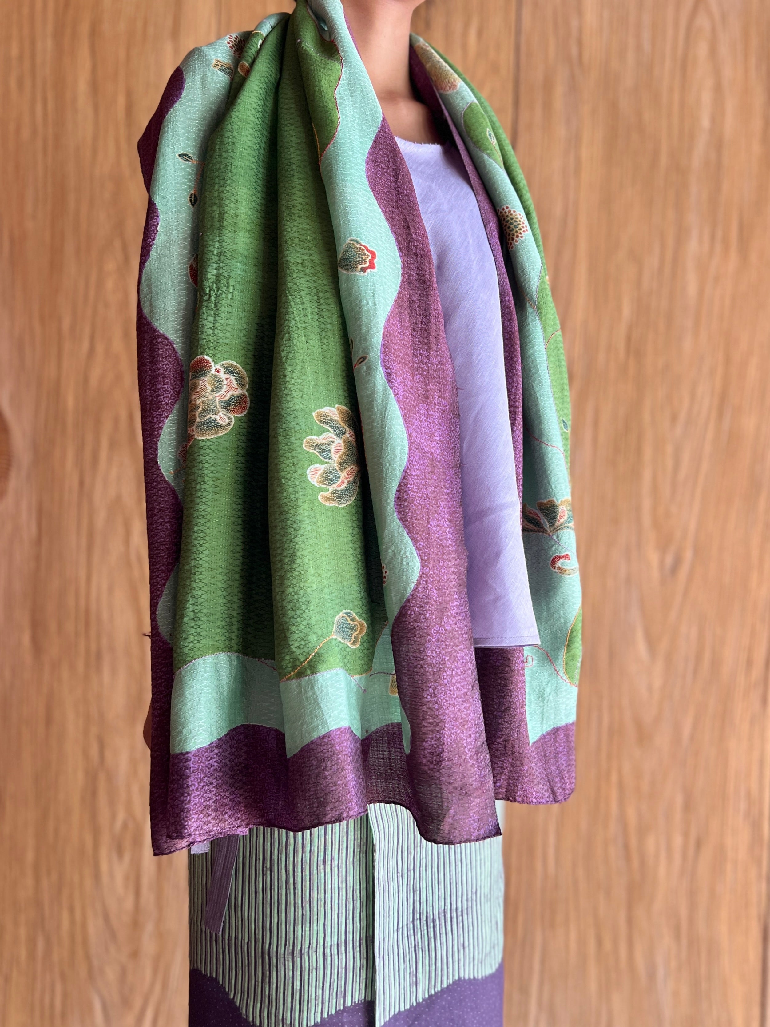 Nuansa Bunga Shawl (Green, Cyan & Purple) – Birubeeru